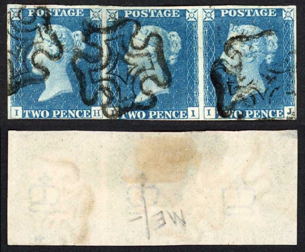 1840 2d Blue (IH/IJ) Plate 1 (small thin top right) Four Margin Strip ...