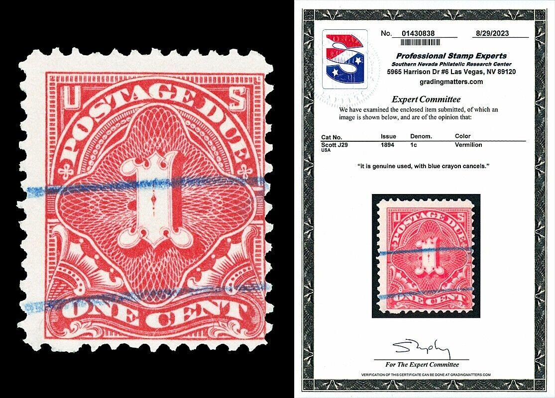 Scott J29 1894 1c Vermilion Postage Due Used Fine SCARCE with PSE CERT ...
