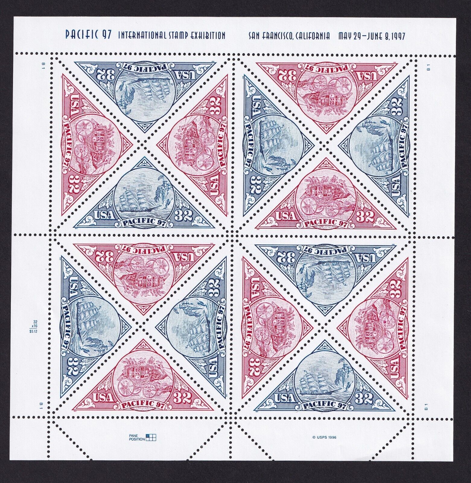 Scott #3130-3131a Stamp Triangle - Ship & StageCoach 32c Sheet of 16 ...