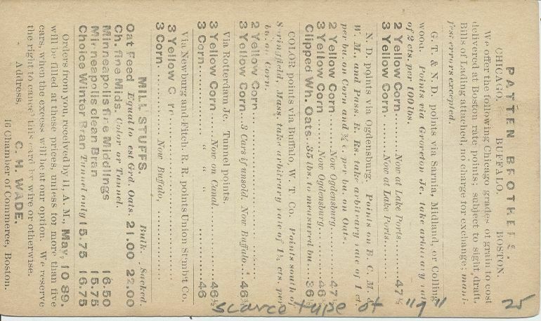 Patten Brothers Grain Advertising postal card C.H. Wade Boston 1889 ...