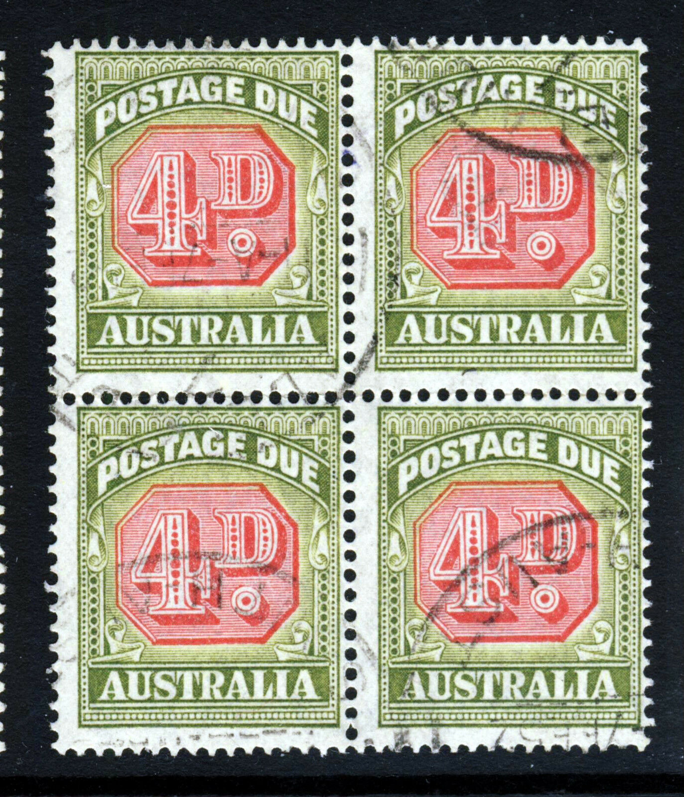 AUSTRALIA 1938 POSTAGE DUES BLOCK OF FOUR 4d. P14½x14 Wmk CofA (W15) SG ...