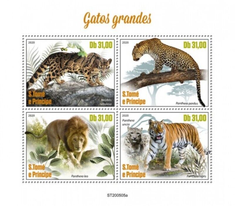 St Thomas - 2020 Big Cats, Lion, Snow Leopard, Tiger - 4 Stamp Sheet ...
