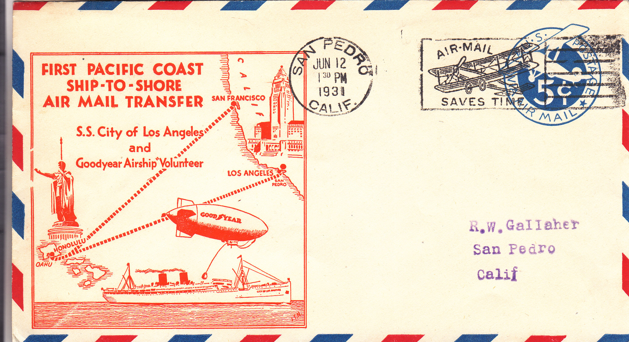 1931, 1st Pacific Coast Ship-Shore Airmail Transfer, San Pedro, CA ...