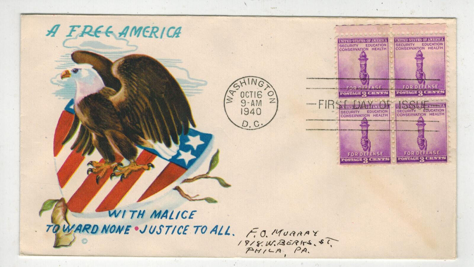 Patriotic FDC 1940 Staehle Eagle Shield Cachet 901 National Defense FDC ...