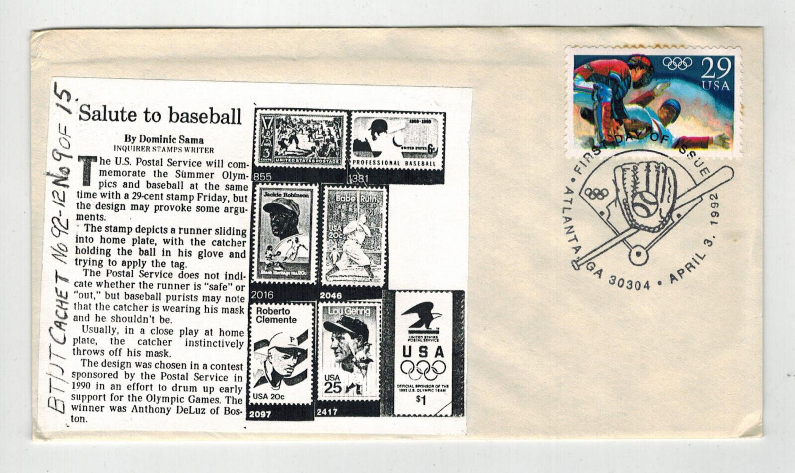 1992 Olympic Baseball Atlanta Georgia 2619 Rare BT/JT Cachet FDC Only ...