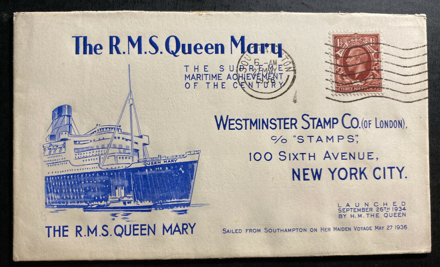1936 Southampton England First Day Cover The RMs Queen Mary Maritime ...