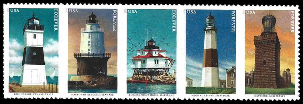 PCBstamps US #5621/5625a Strip $2.75(5x{55c})Mid-Atlantic Lighthouses ...