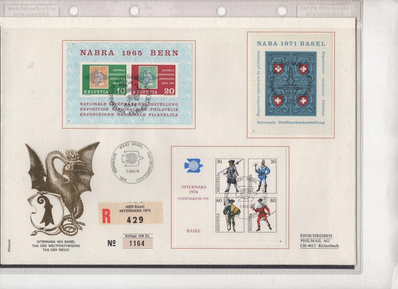 Switzerland #585/530/B344 (1974 InterNaba sheet) large sized FDC with ...