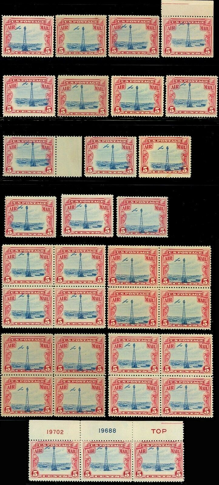 C11, GROUP OF 33 STAMPS ALL WITH VIGNETTE SHIFTS - MANY SPECTACULAR ...
