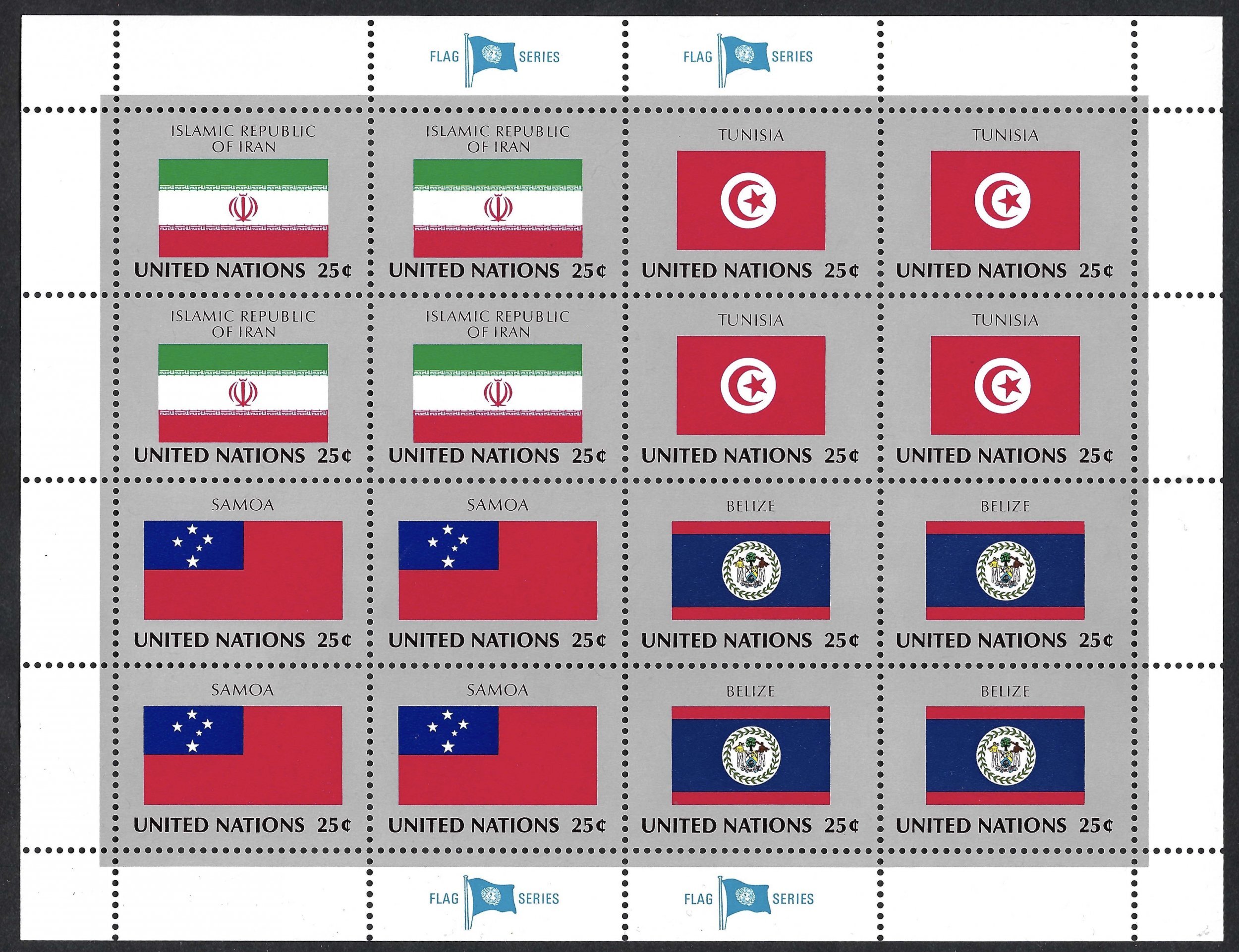 United Nations #528-543 25¢ World Flag Series (1988). 4 full sheets ...