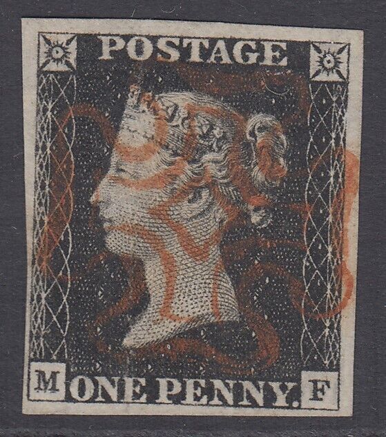 SG 2 1d black plate 1b lettered MF. Superb used with a full upright red ...