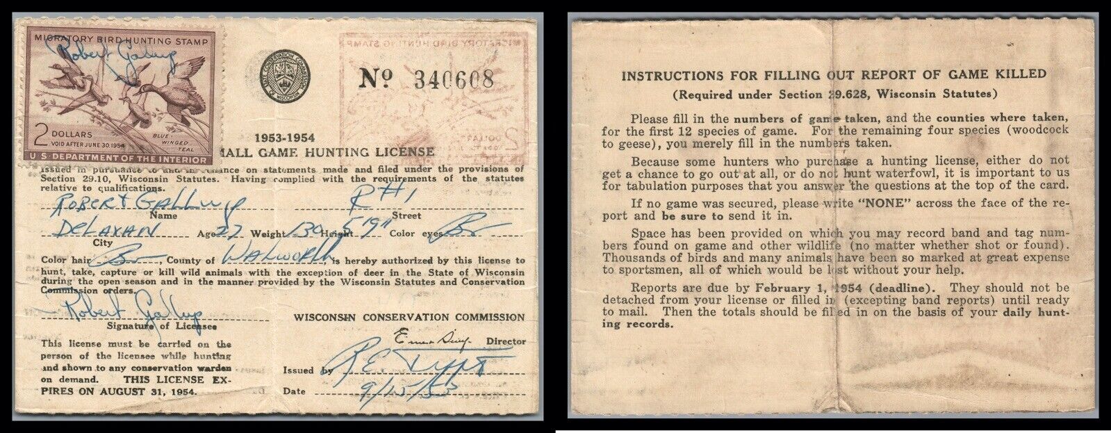 US Scott RW20 Blue Winged Teal 1953 Duck Stamp Wisconsin License ...