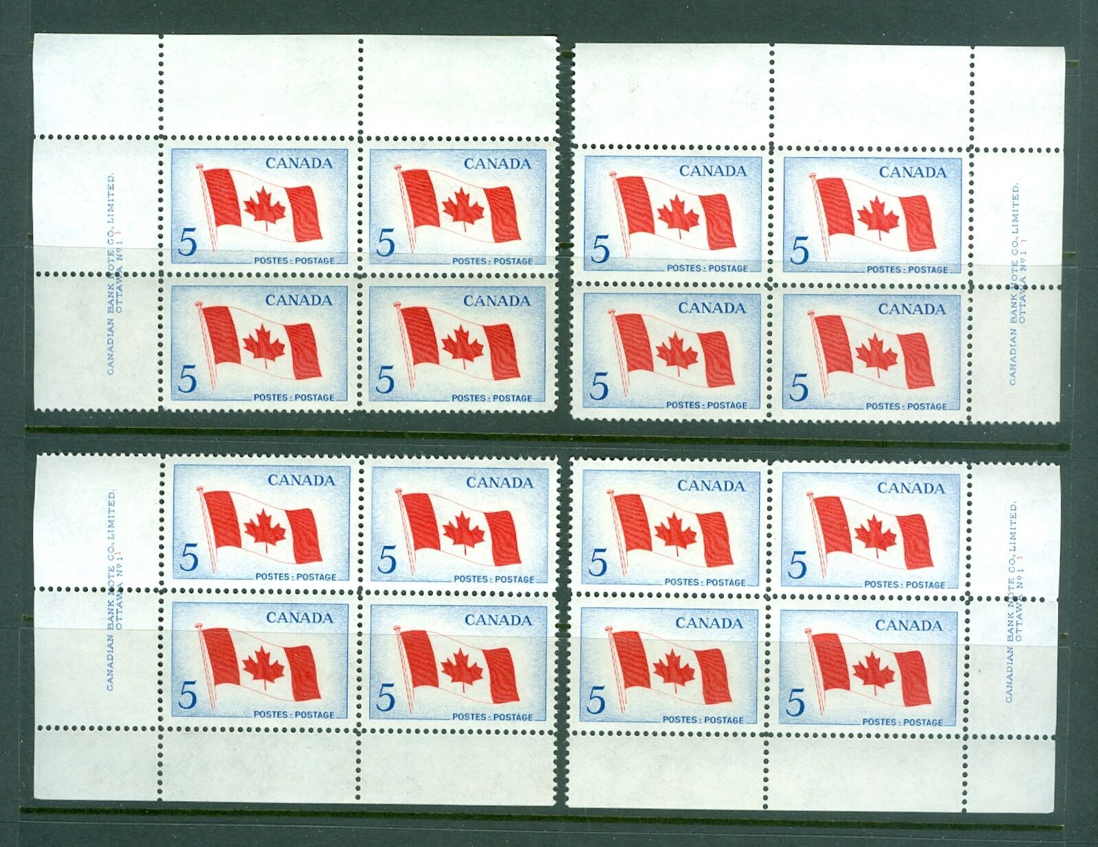 Canada. 1965. 4 Diff. Plate-Blocks. Mnh. Upper/Lower. Canadian Flag 5 C ...