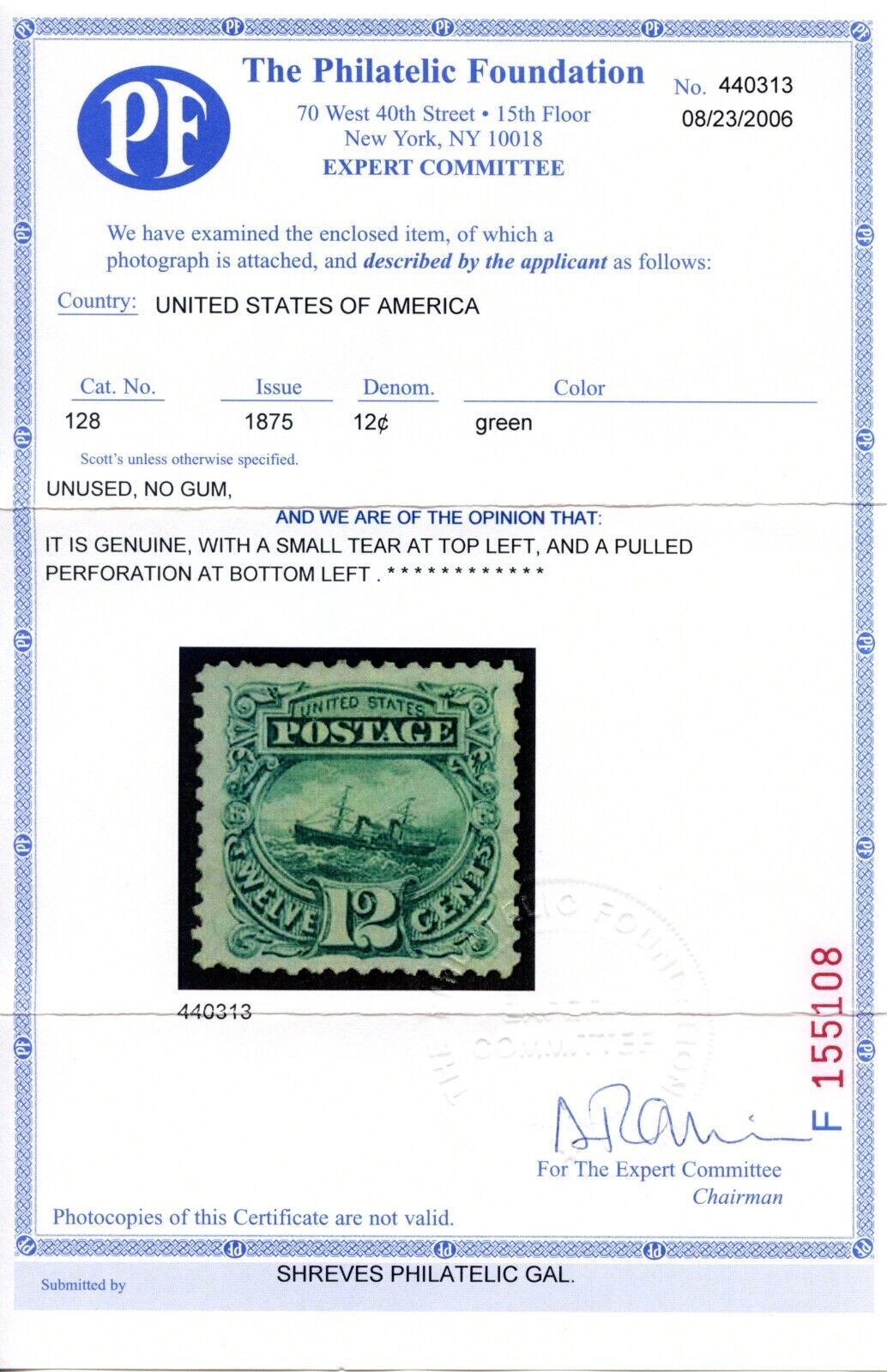 US Scott #128 Mint-Xf-No GUM W/ PF Cert "Tiny Flaw" SCV $1,000 (6/3/24 ...