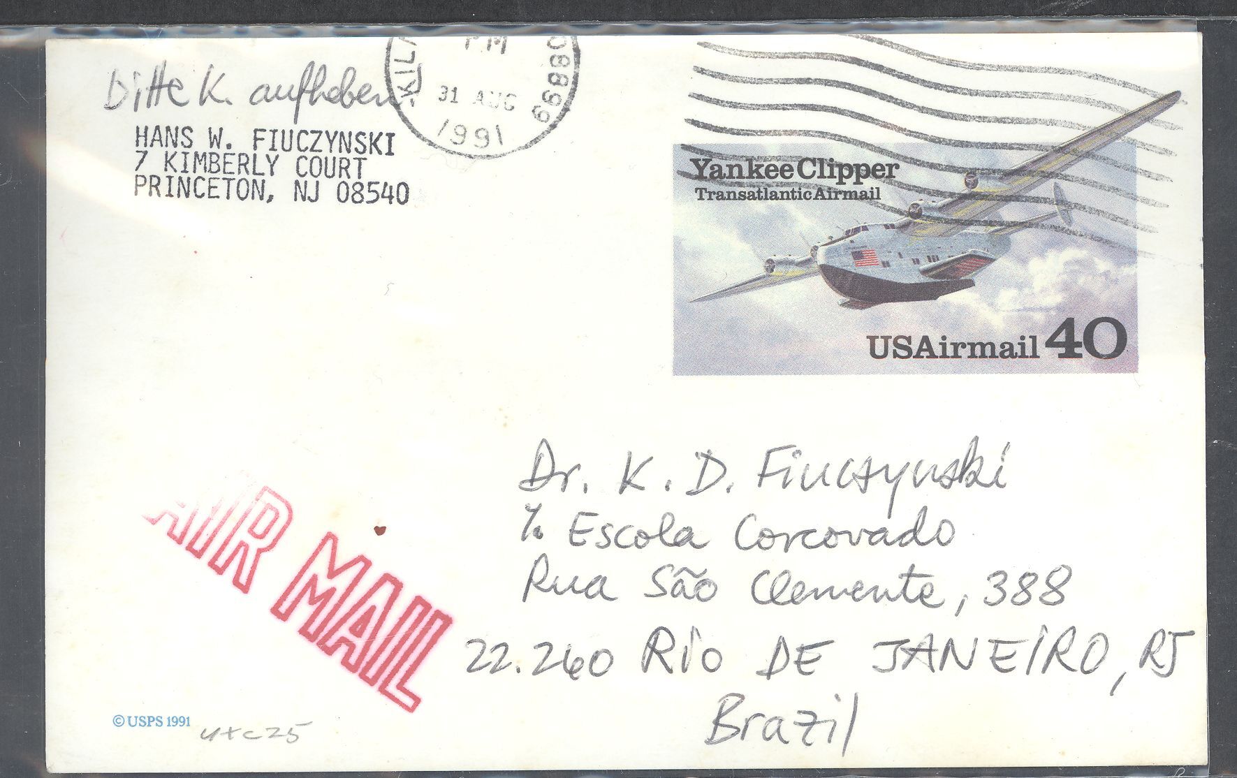 US UXC25 1991 40c "Yankee Clipper" postal card sent to Rio De Janeiro ...