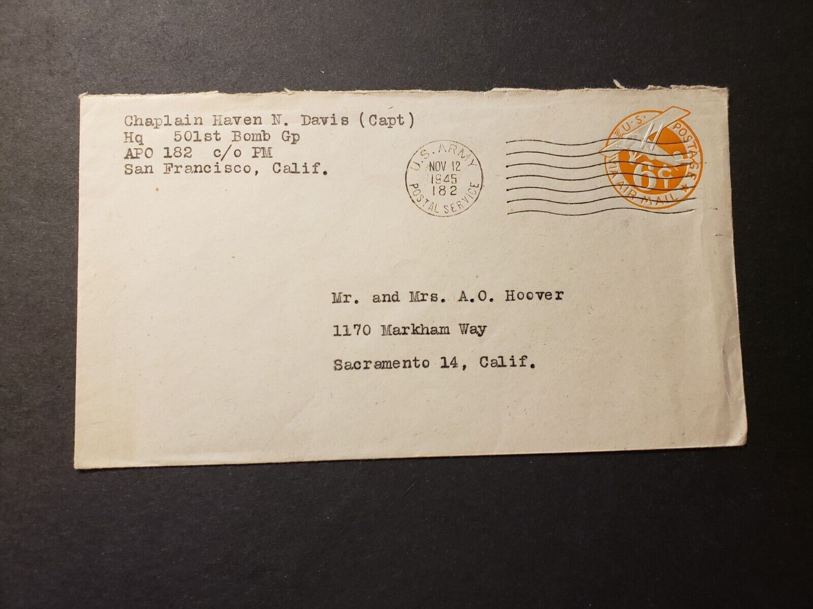 APO 182 GUAM, MARIANAS ISLANDS 1945 WWII Army Air Force Cover 501st ...