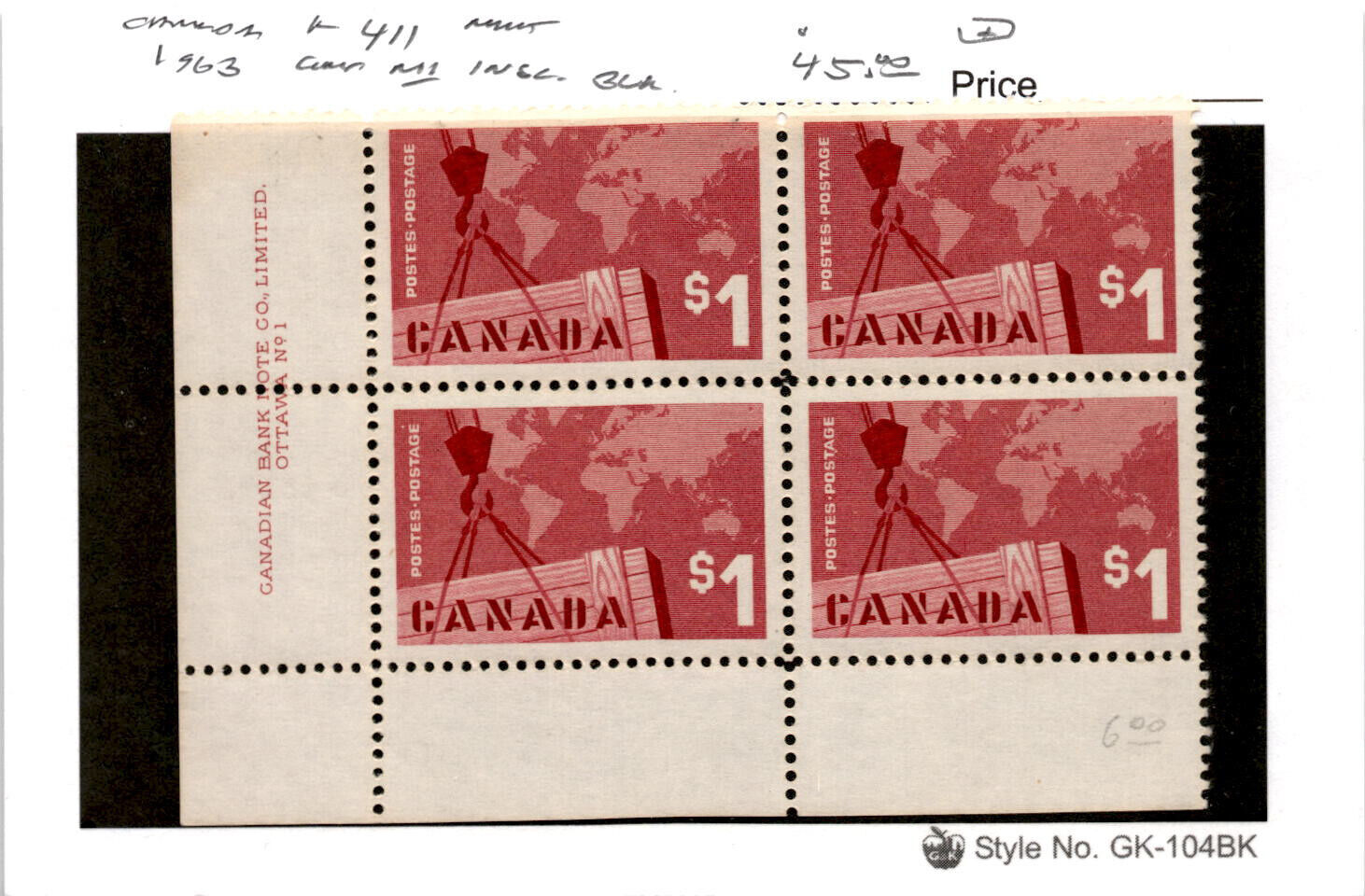 Canada, Postage Stamp, #411 Inscription Block Mint NH, 1963 Export ...