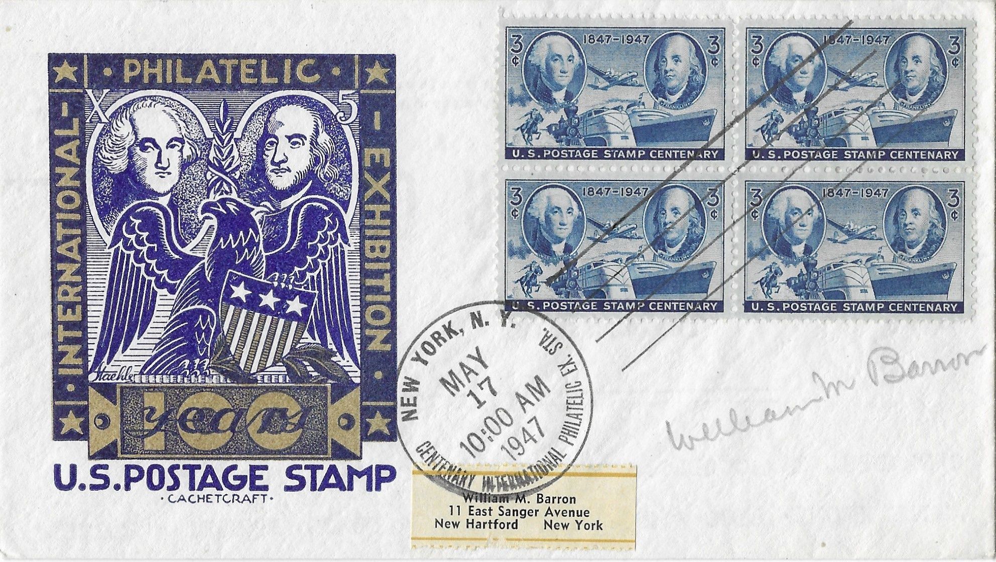 1947 FDC, #947, 3c Stamp Centenary, Cachet Craft M-43, block of 4 ...