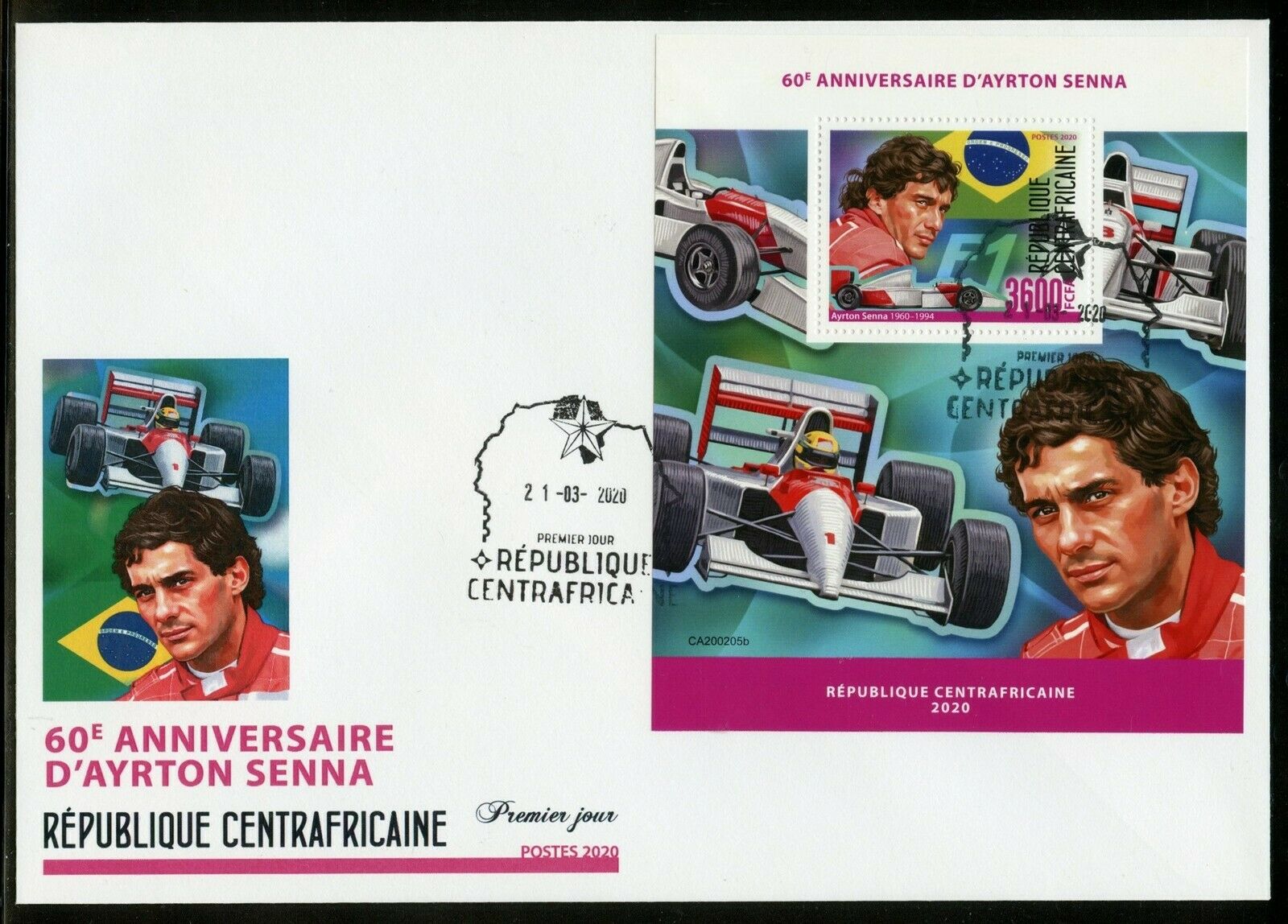 Central Africa 2020 60th Anniversary of Ayrton Senna Souvenir Sheet FDC ...