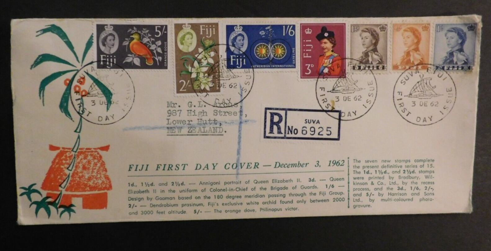 1962 Fiji Registered First Day Cover FDC Suva to Lower Hutt NZ Stamp ...