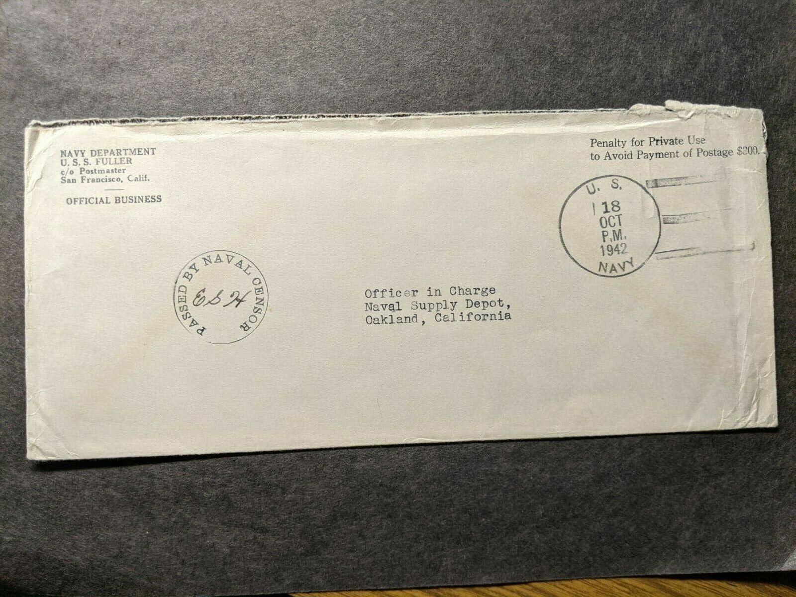 USS FULLER AP-14 Naval Cover 1942 Official Censored WWII NEW ZEALAND ...