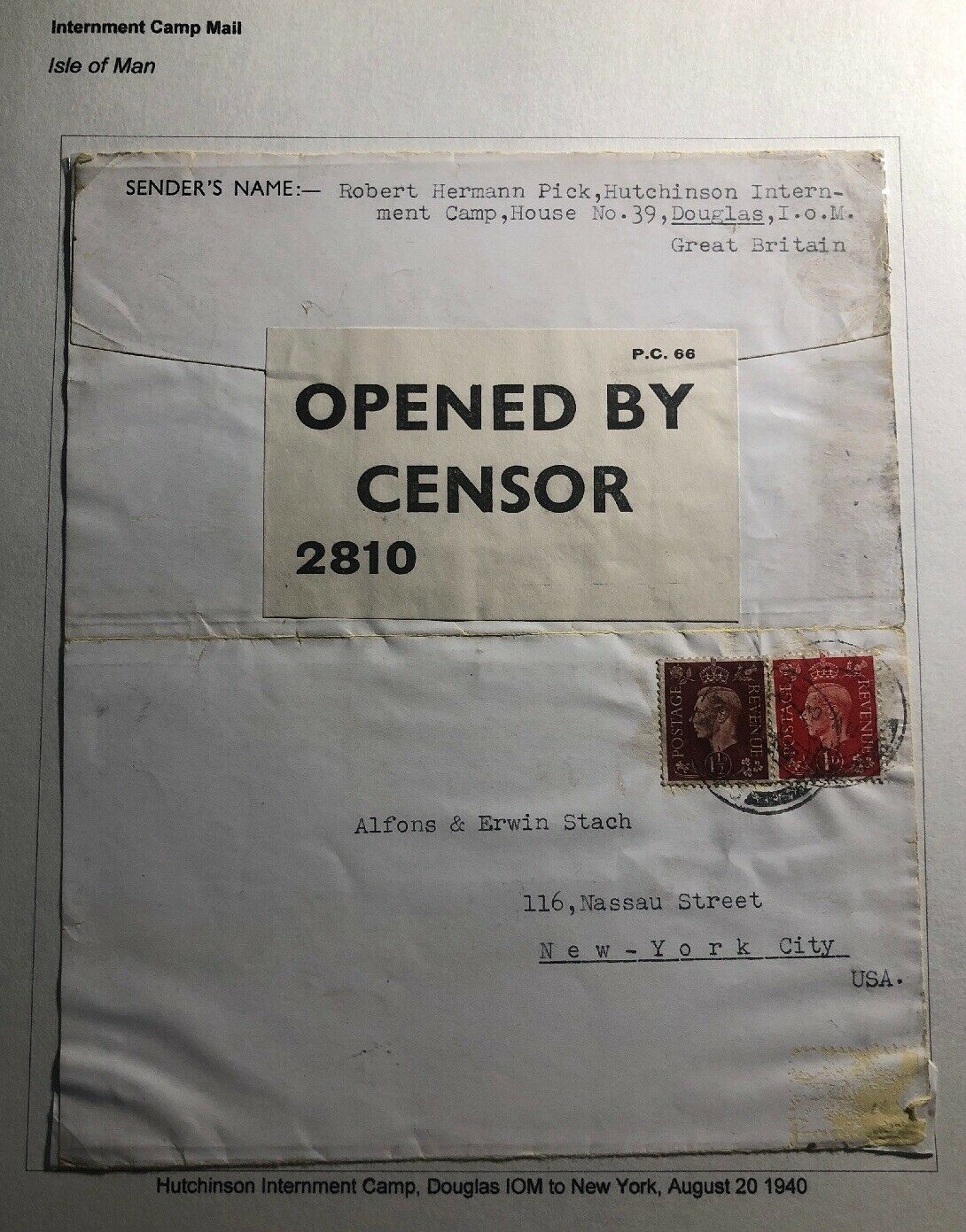 1941 Isle Of Man England Hutchinson Internment Camp Letter Cover To New ...