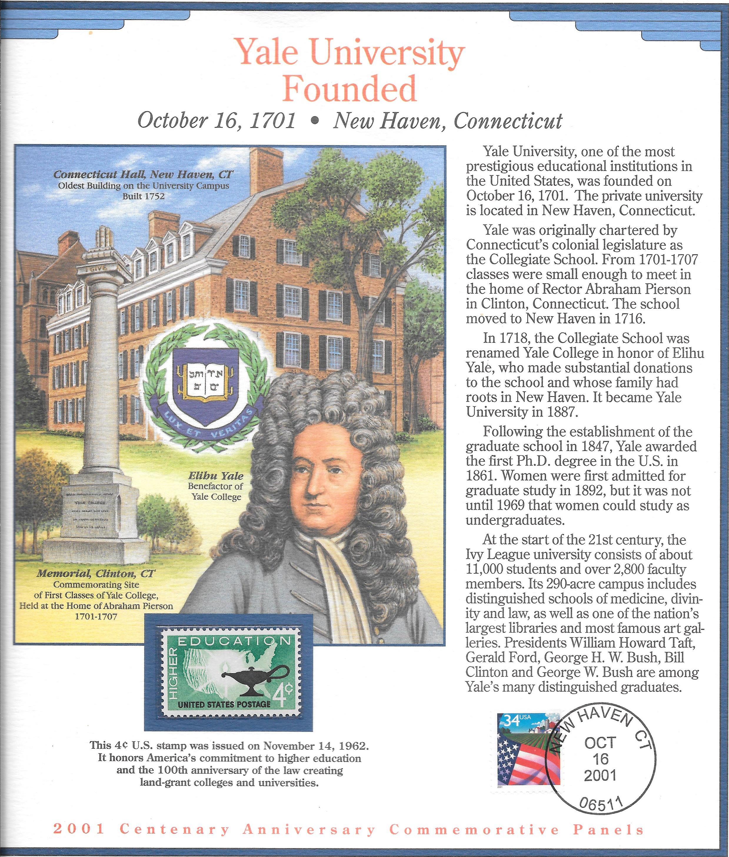 #1206 Yale University Founded CENTENARY ANNIVERSARY COMMEMORATIVE PANEL ...