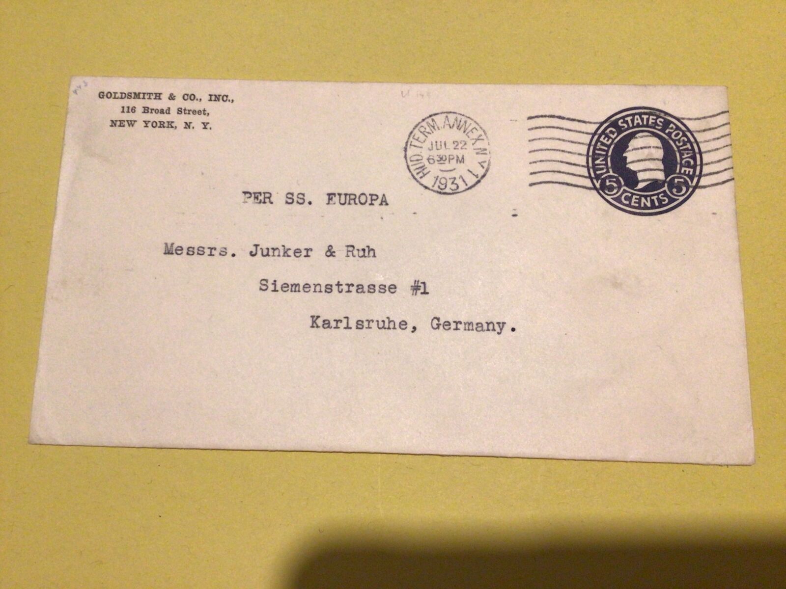 United States Washington Circular Die Envelope 1931 S. S. Europa 66697 ...