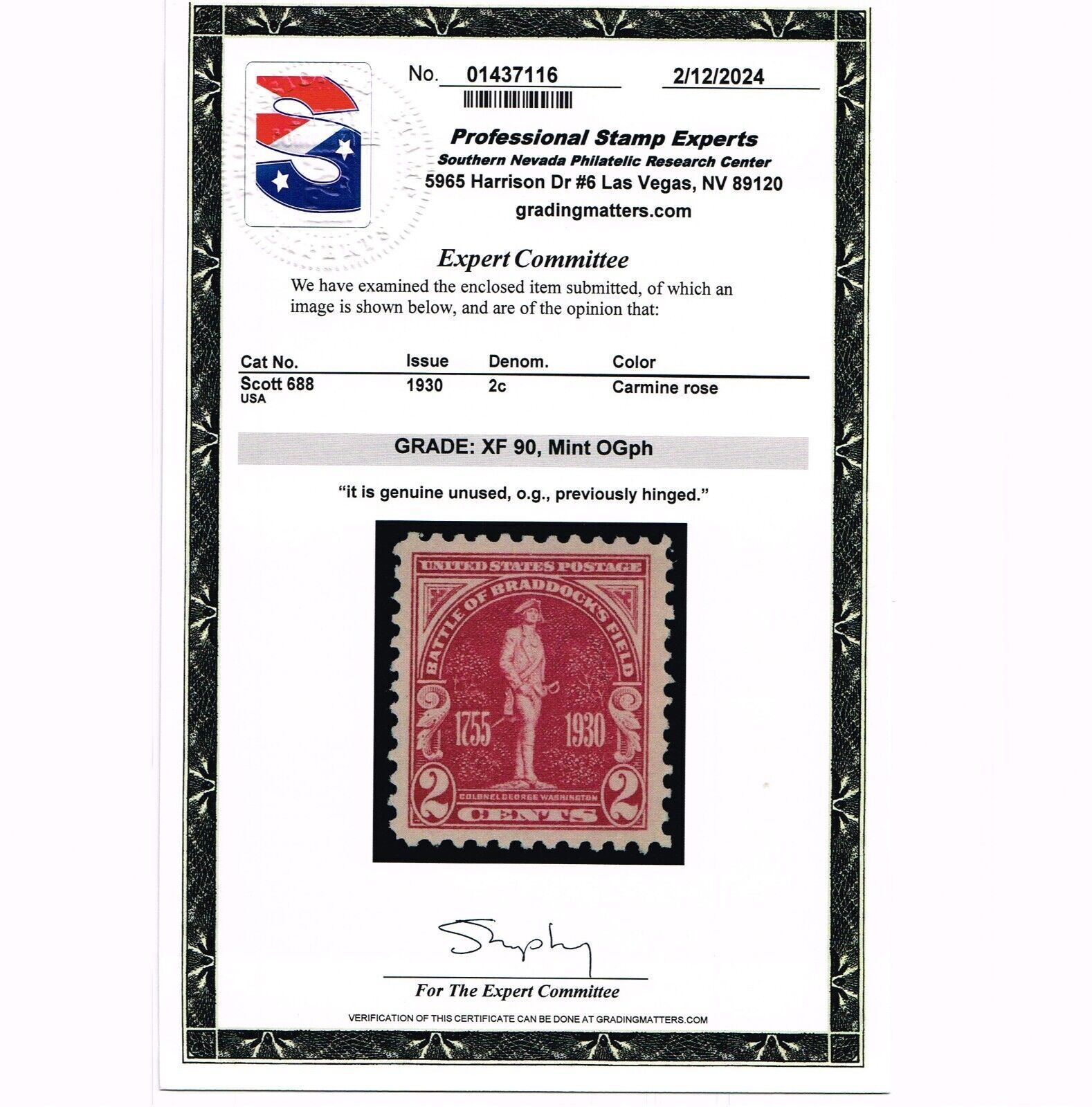 Excellent Genuine Scott #688 Mint OG XLH 1930 Carmine Rose PSE Cert ...