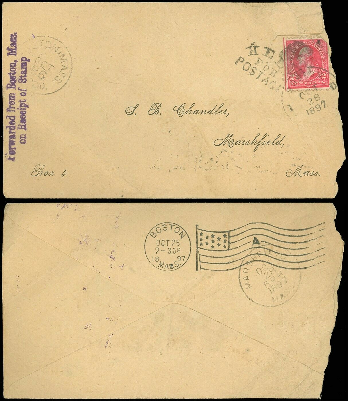 1897 Boston, Arched Held for Postage H/S Mark, Also, Forwarded..Receipt ...