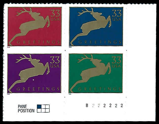 PCBstamps US #3356/3359 PB $1.32(4x33c)Deer, B222222, MNH, (PB-4a ...