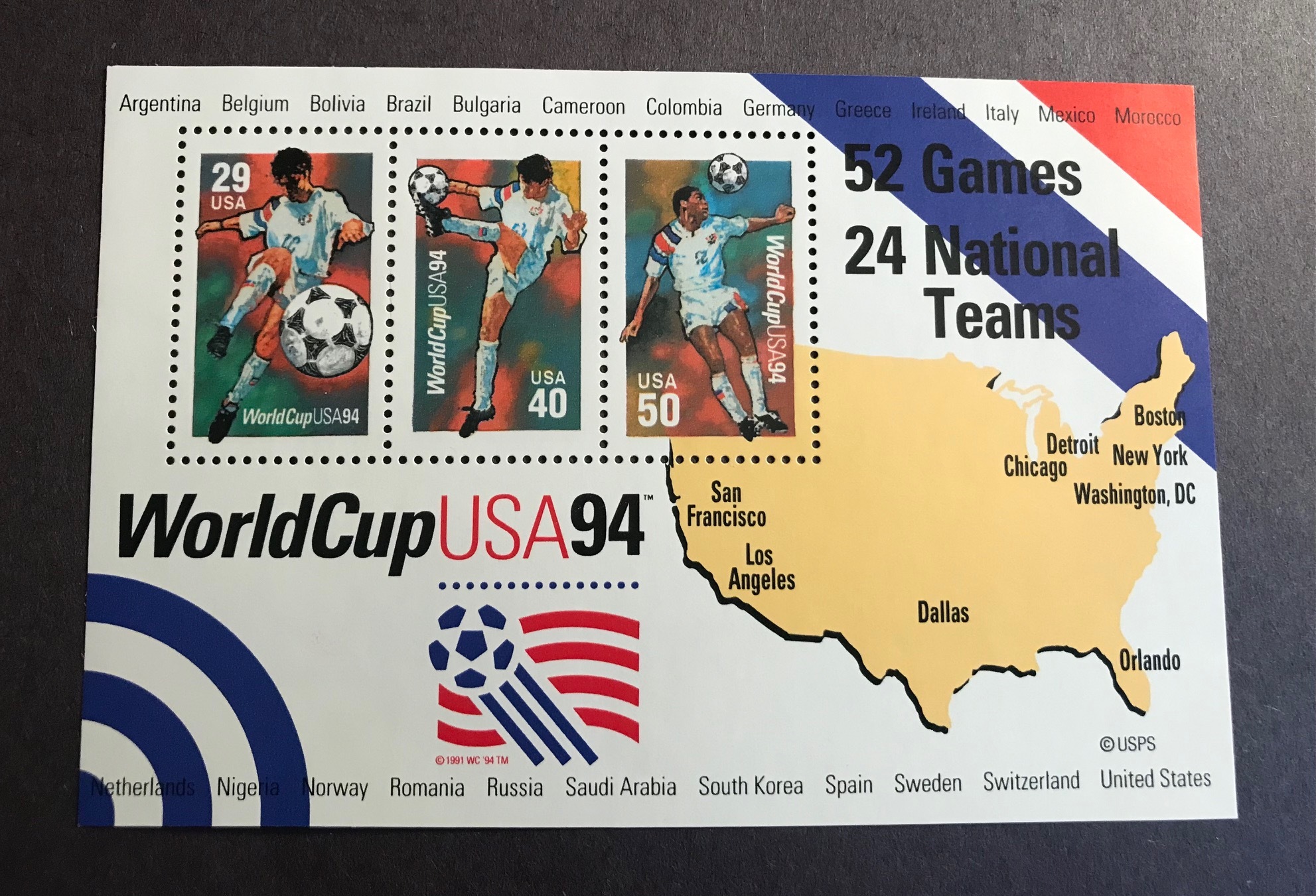 1994 World Cup Stamp Block (3) 29c, 40c and 50c W/3 Soccer Athletes ...