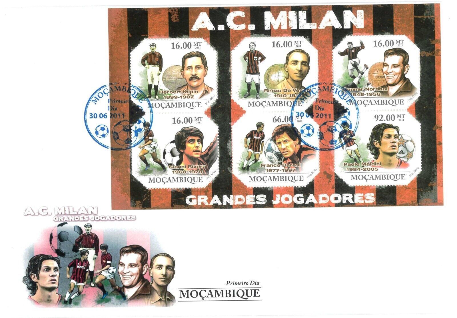 MILAN AC football - 2011 sheet MOZAMBIQUE envelope FDC - Rivera Maldini ...