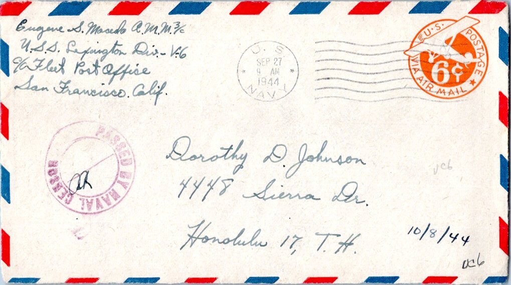 United States Ships 6c Monoplane Air Envelope 1944 U.S. Navy U.S.S ...