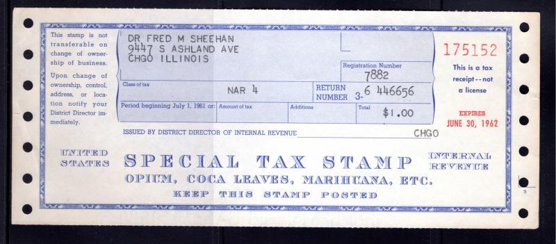 1961-1962, Special Tax Stamp for Opium, Coca Leaves, Marihuana, $1 ...