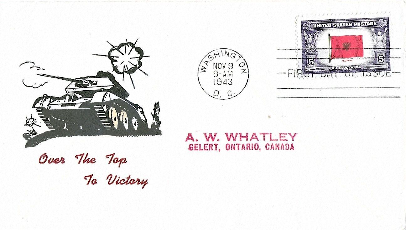1943 FDC, #918, 5c Overrun Country - Albania, patriotic cachet, machine ...