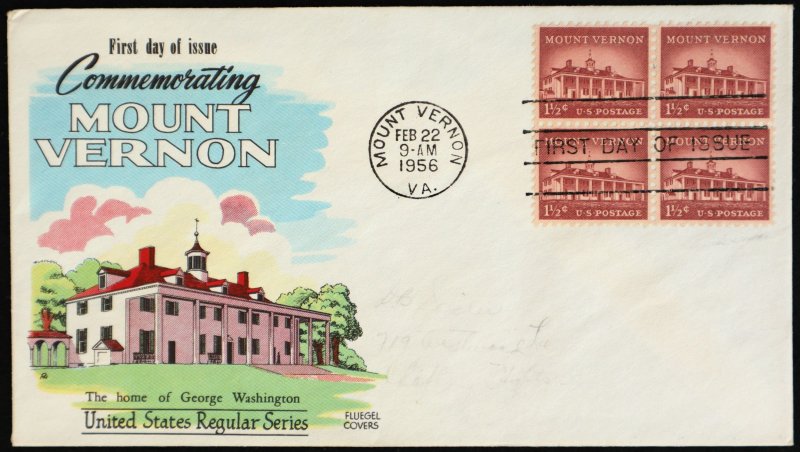 U.S. Used #1032 1 1/2c Mt Vernon Block Fluegel First Day Cover ...
