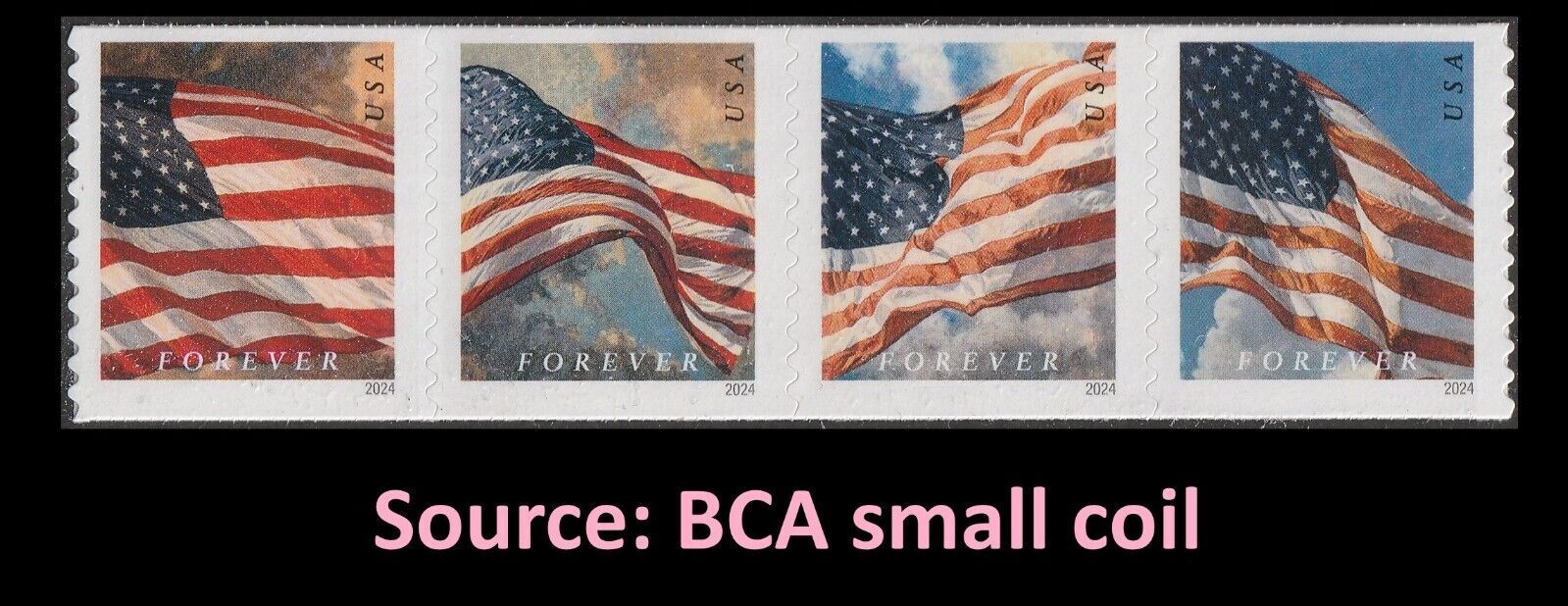 US Flag forever coil strip 4 BCA (4 stamps from small coil) MNH 2024 ...