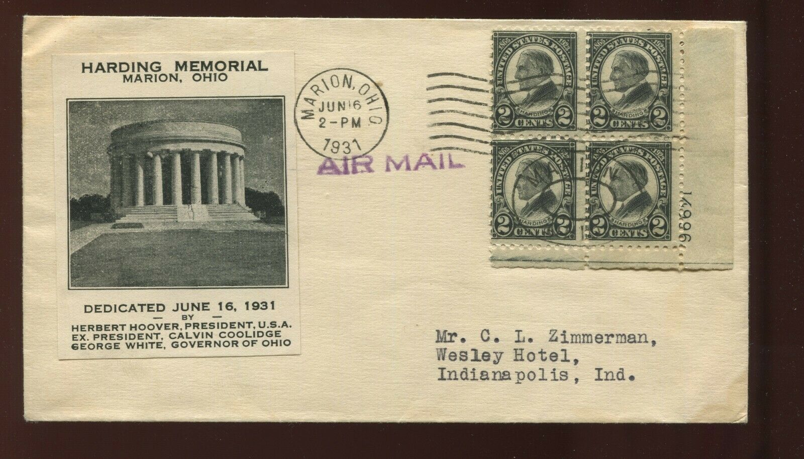 612 Used Plate Block of 4 Stamps on Harding Memorial on1931 ...