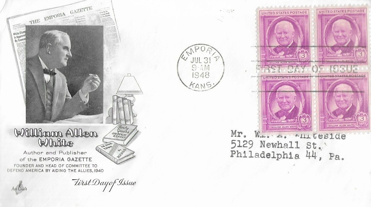1948 FDC, #960, 3c William Allen White, Art Craft, block of 4 | United ...