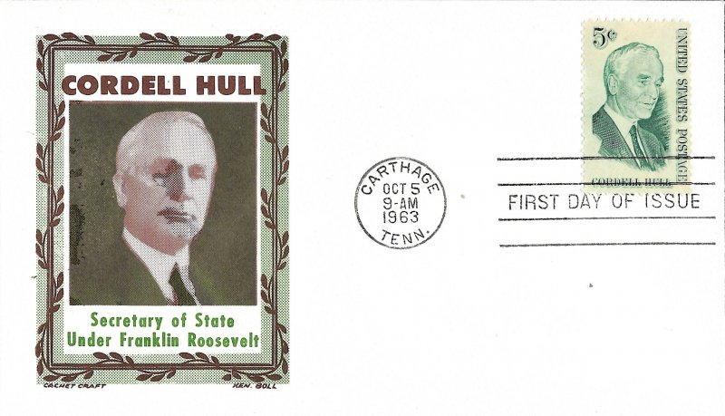 1963 FDC, #1235, 5c Cordell Hull, CC/Boll | United States, General ...