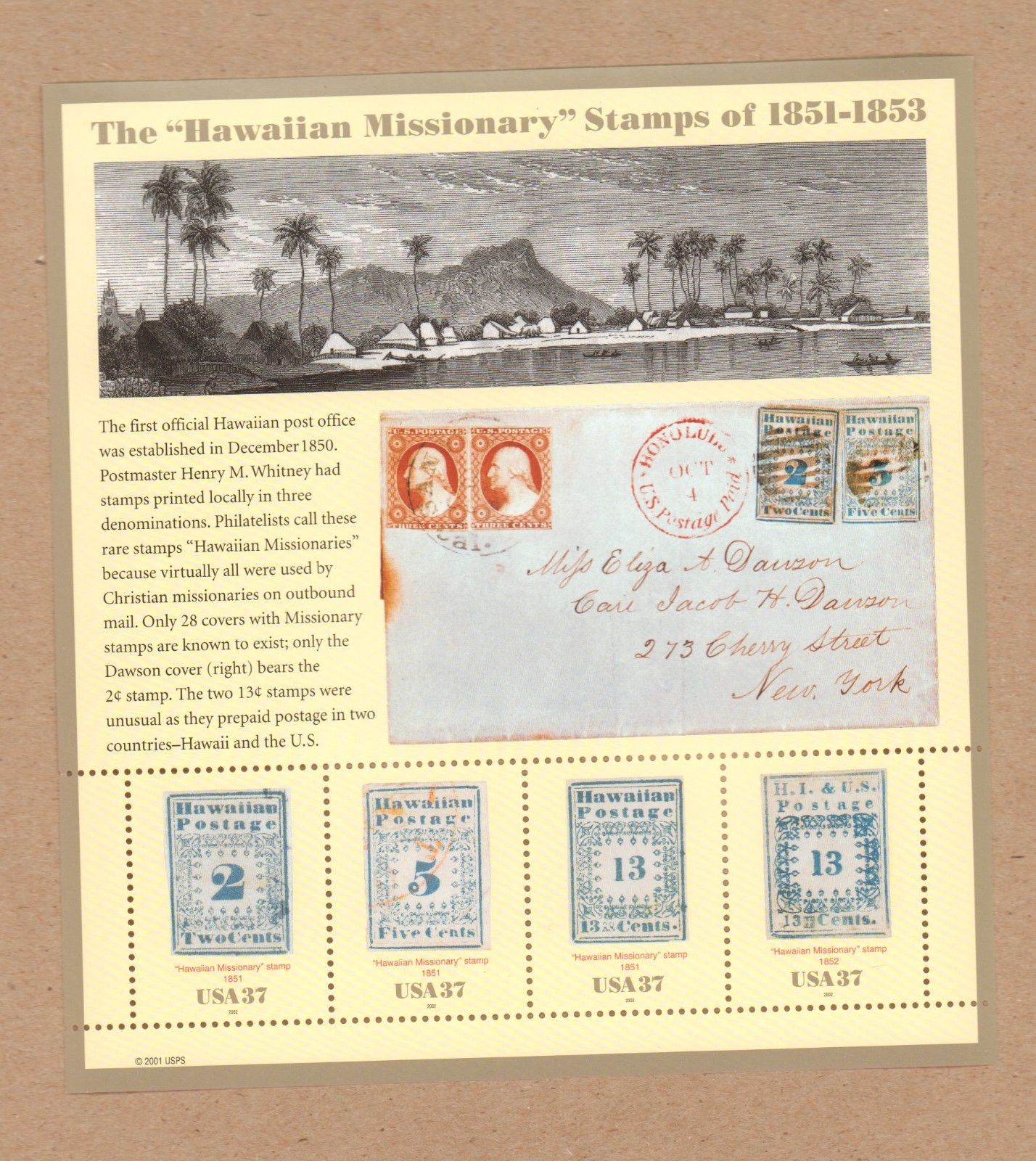 3694 Hawaiian Missionary Stamps of 1851-1852 MINT 37¢ Sheet of 4 issued ...
