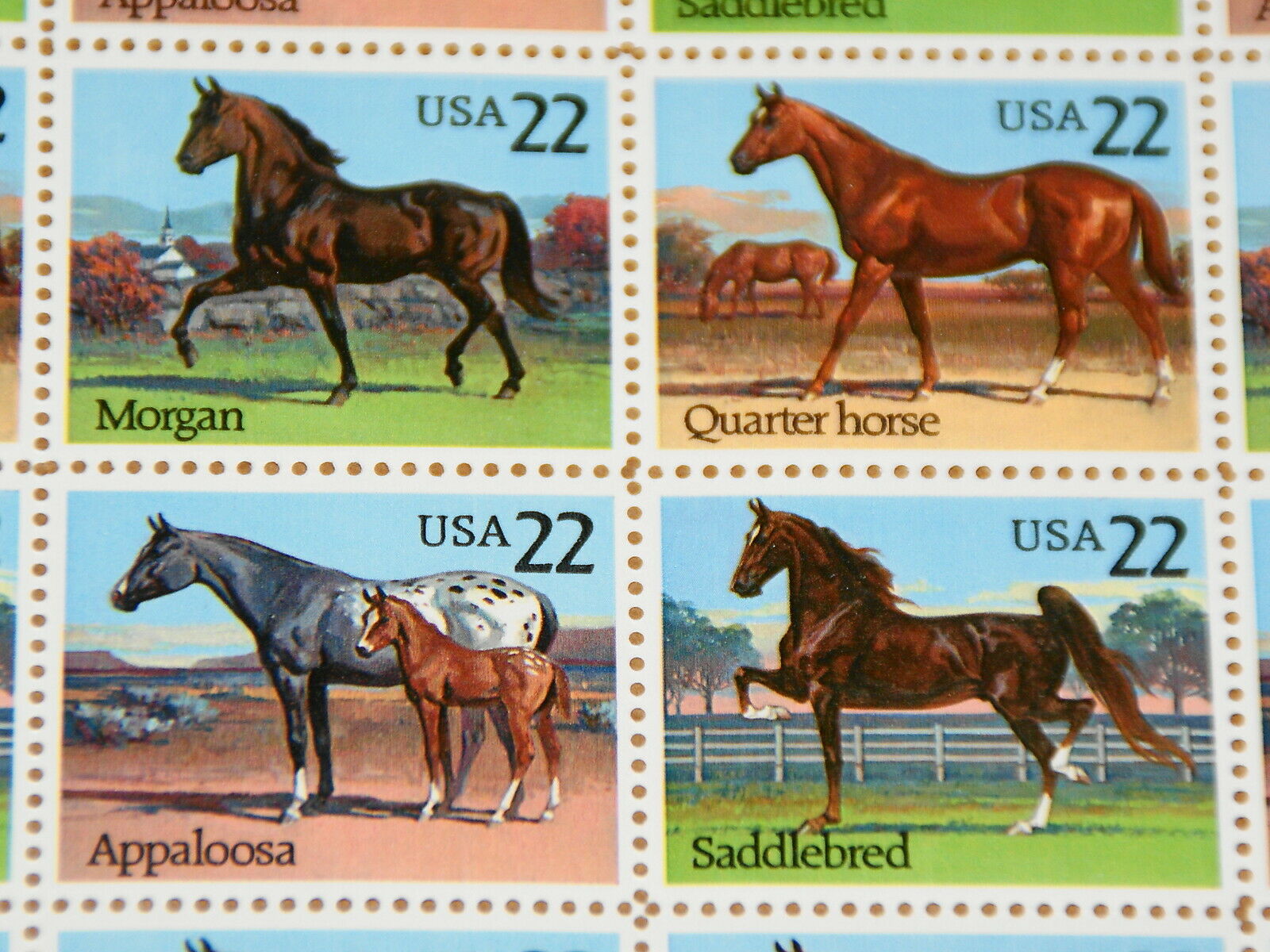 Full sheet of 1985 Horse postage stamps, Sc# 2155-8 / HipStamp