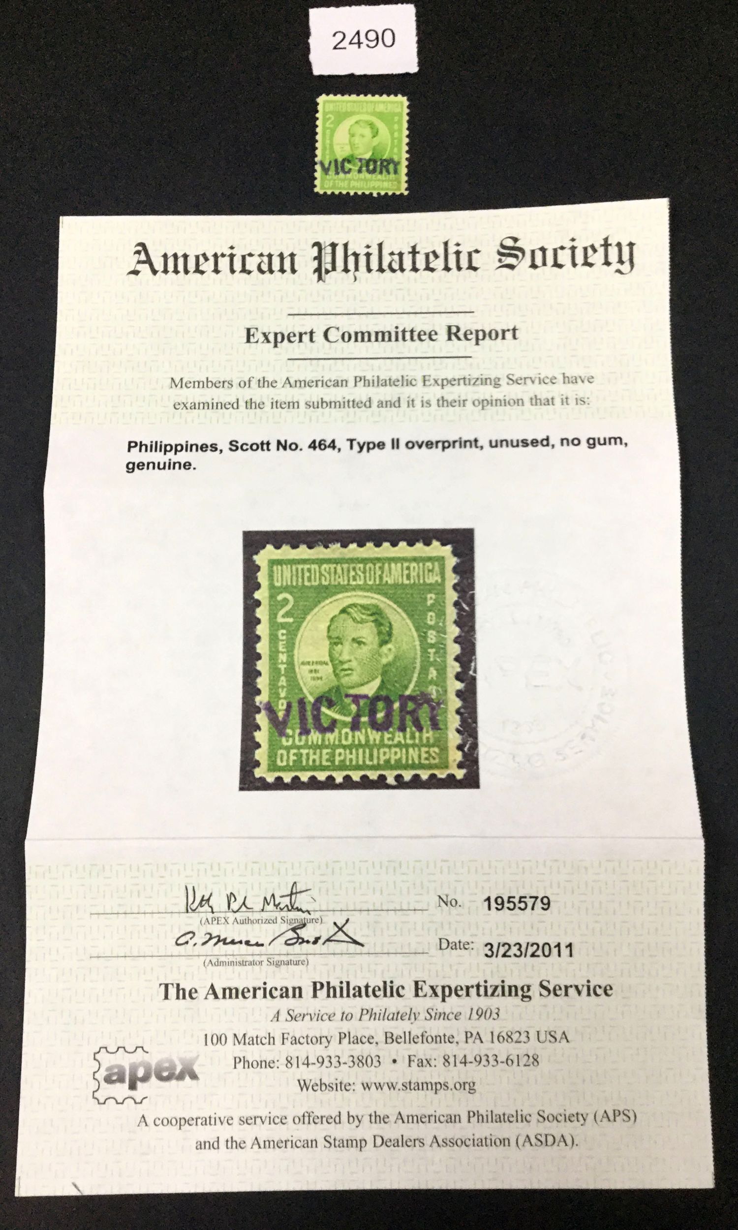 US Stamps Philippines #464 Mint OG H Victory **Aps Cert** LOT #2490 ...