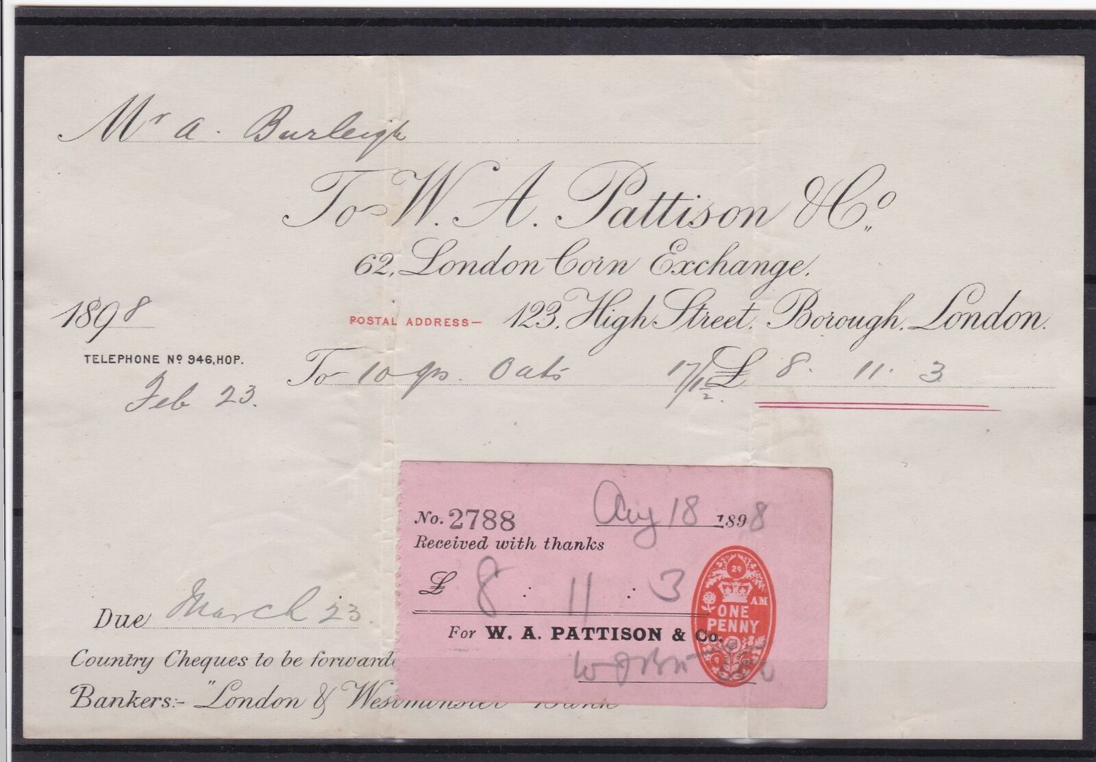 1898 london corn exchange invoice and receipt ref 7943 | United States ...