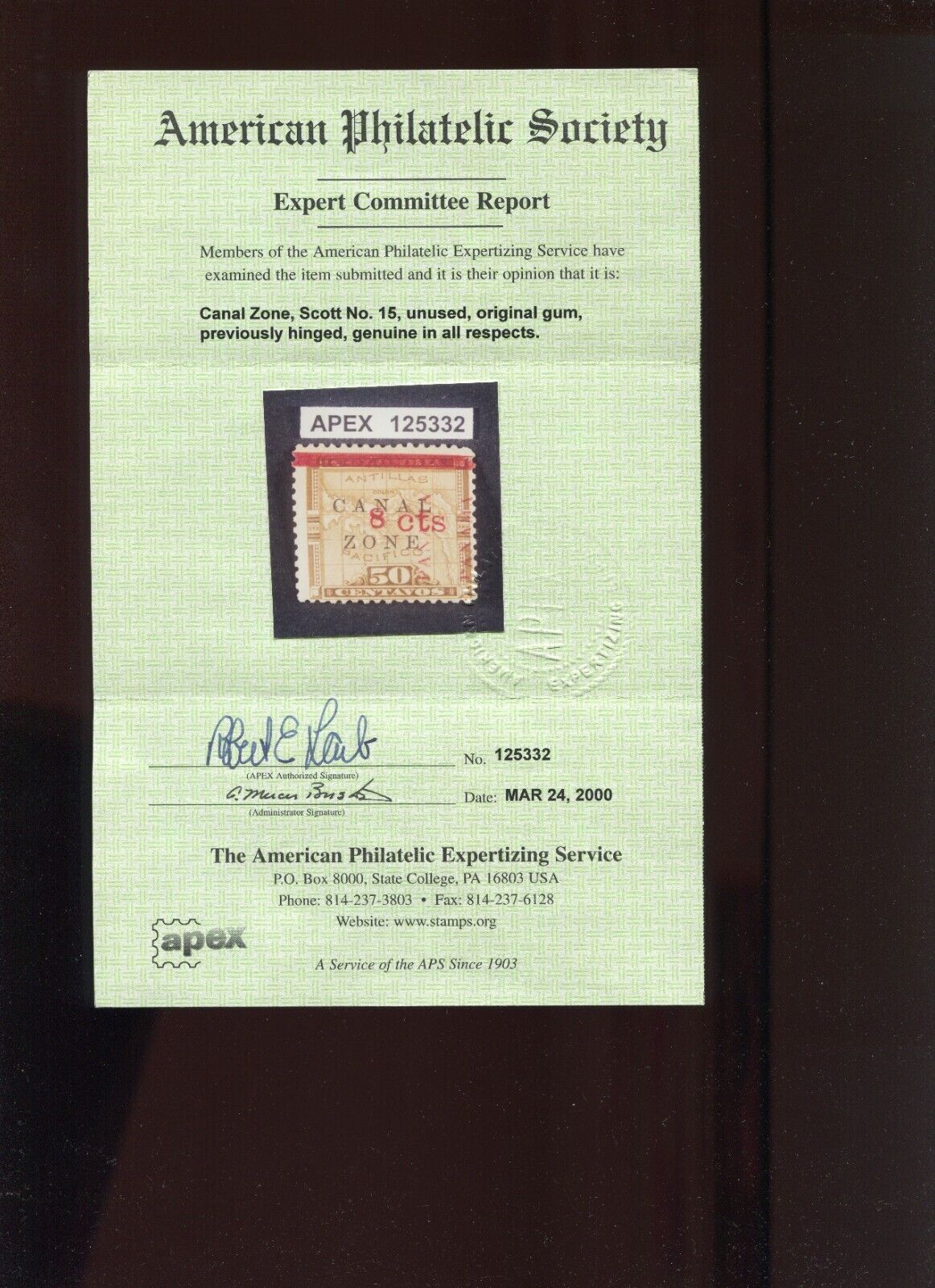 Canal Zone 15 Overprint Mint Stamp with APS Cert (Bz 1022) *RARE STAMP ...