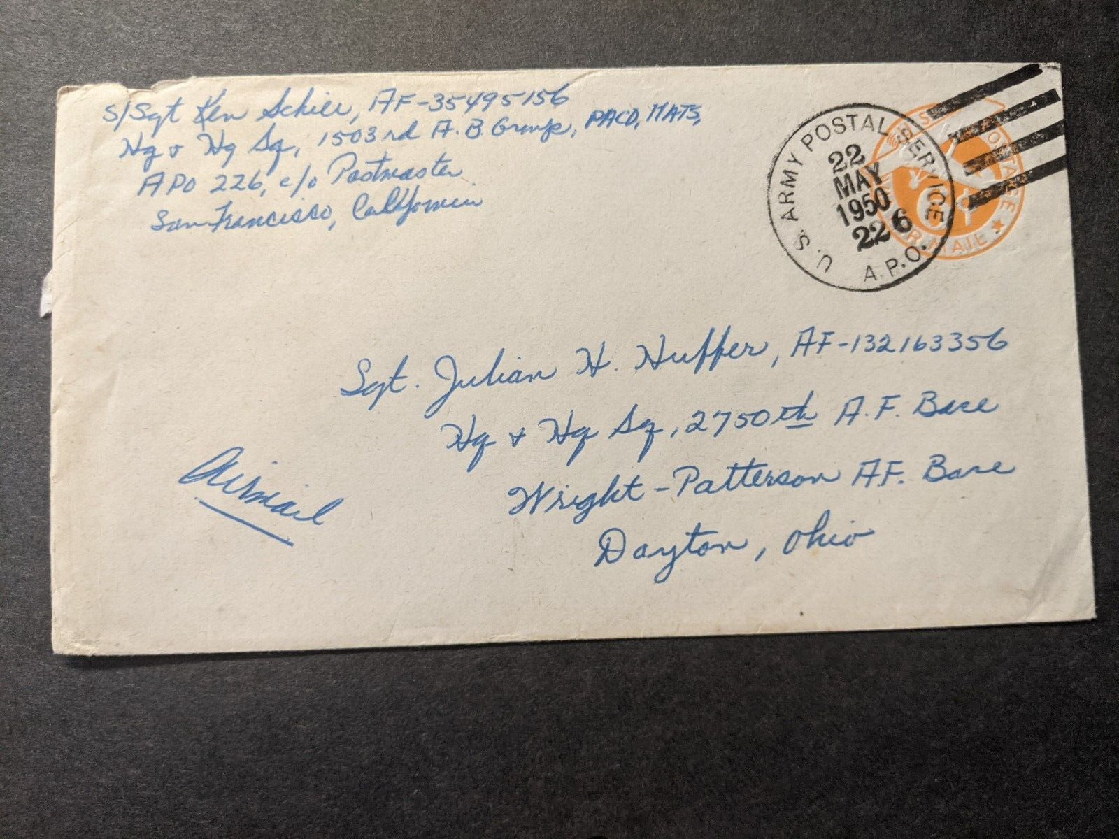 APO 226 HANEDA FIELD, JAPAN 1950 Army Air Force Cover 1503rd AIR BASE ...
