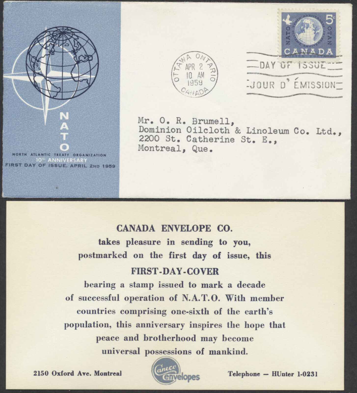 1959 #384 NATO 10th Anniversary FDC, Caneco Cachet With Insert, Ottawa ...
