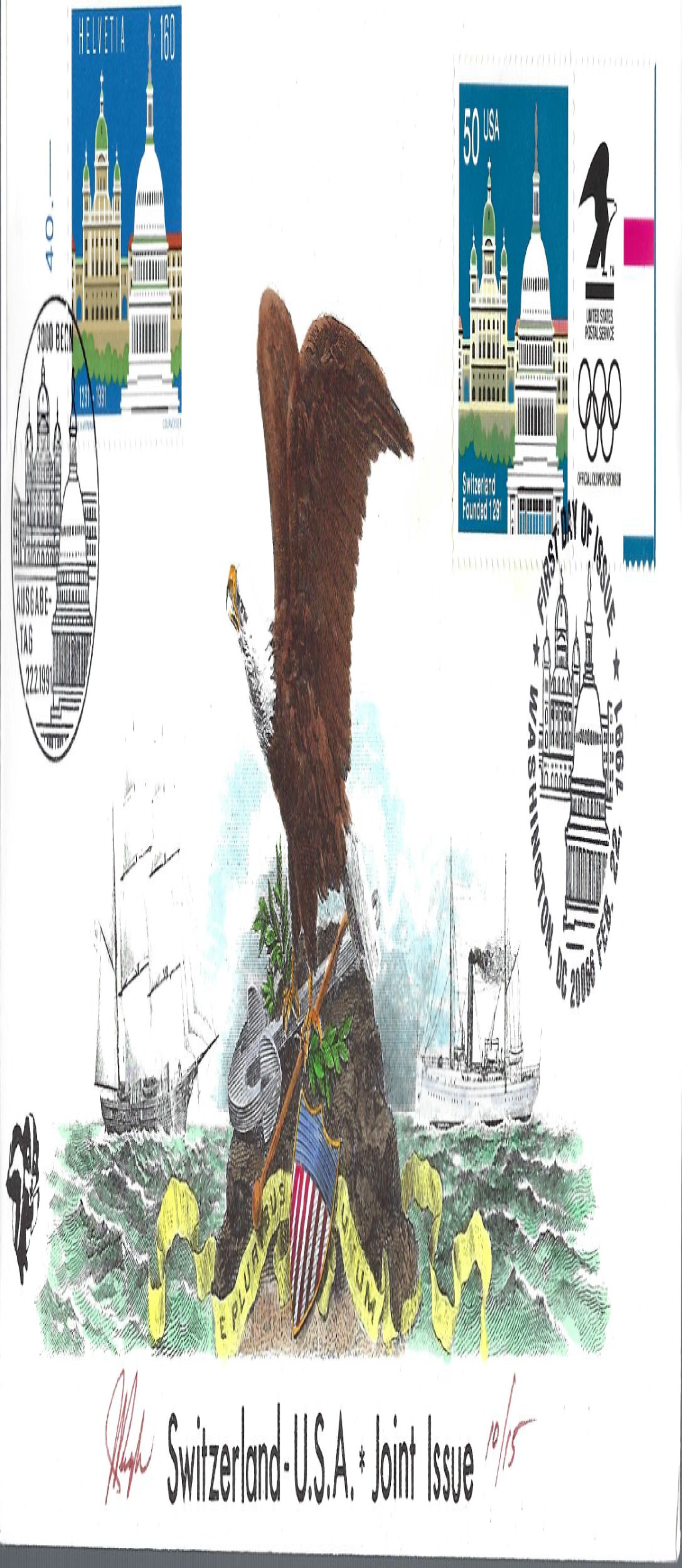 Pugh Designed/Painted Switzerland-U.S.A. w/Olympic Selvage...10 of 15 ...