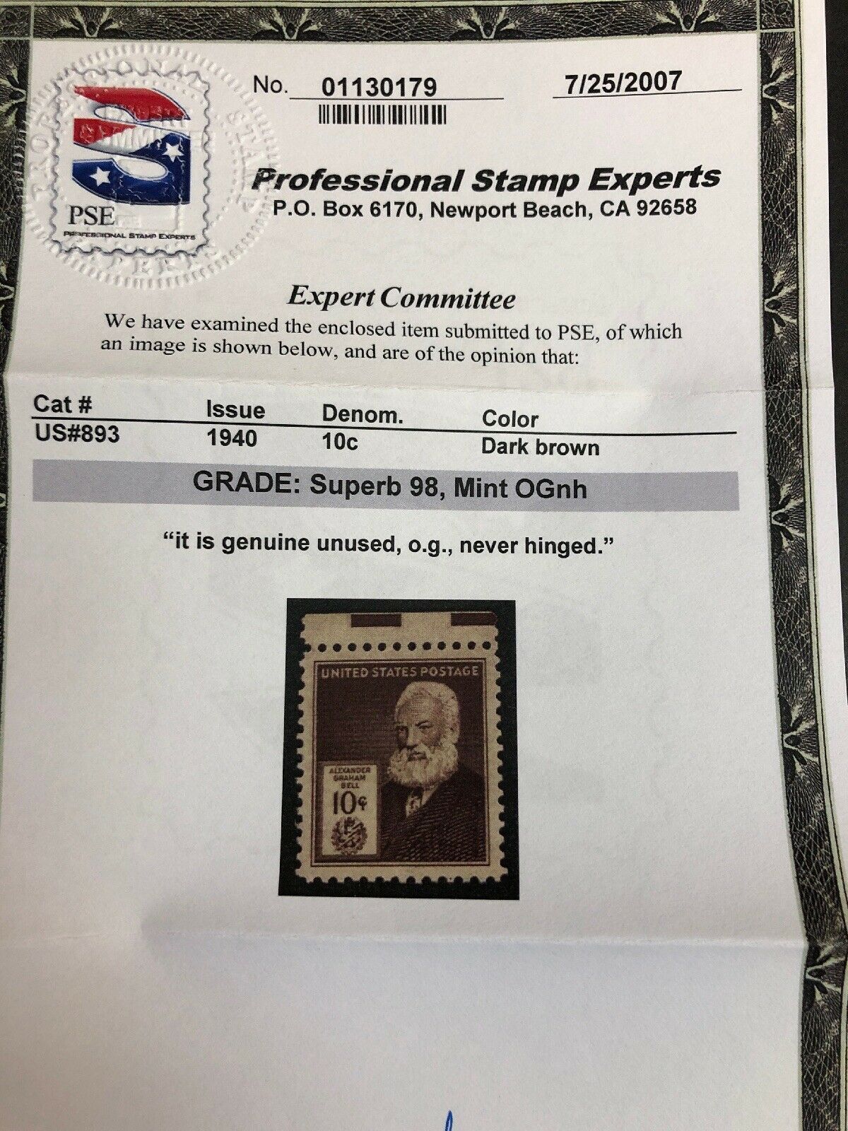 893 .10 Alexander Graham Bell Superb Graded 98 Mint Never Hinged ...